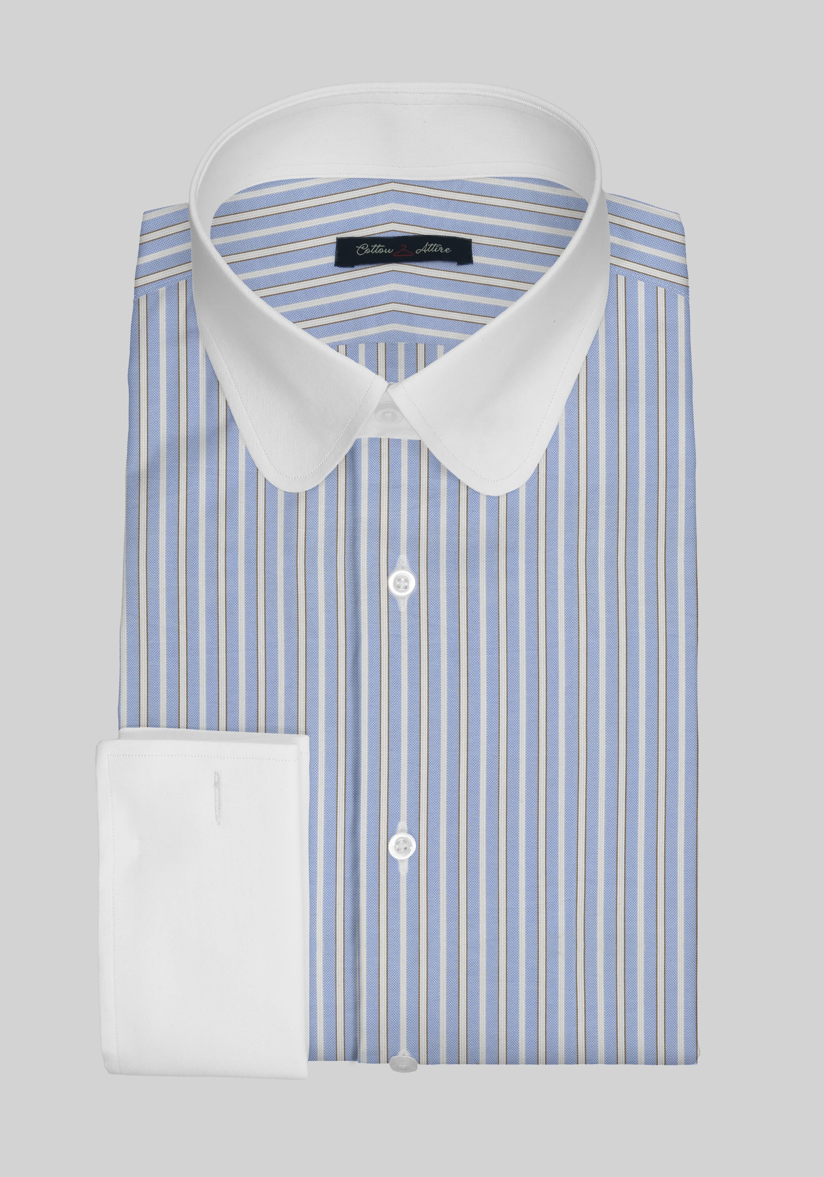 White Club Collar Dress Shirt Men's - Sky Blue Candy Stripes Cotton